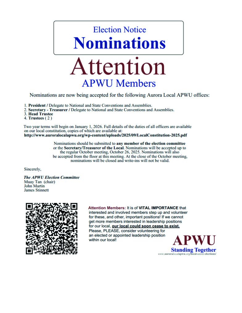 Local Election Notice 2025 – Aurora Local APWU